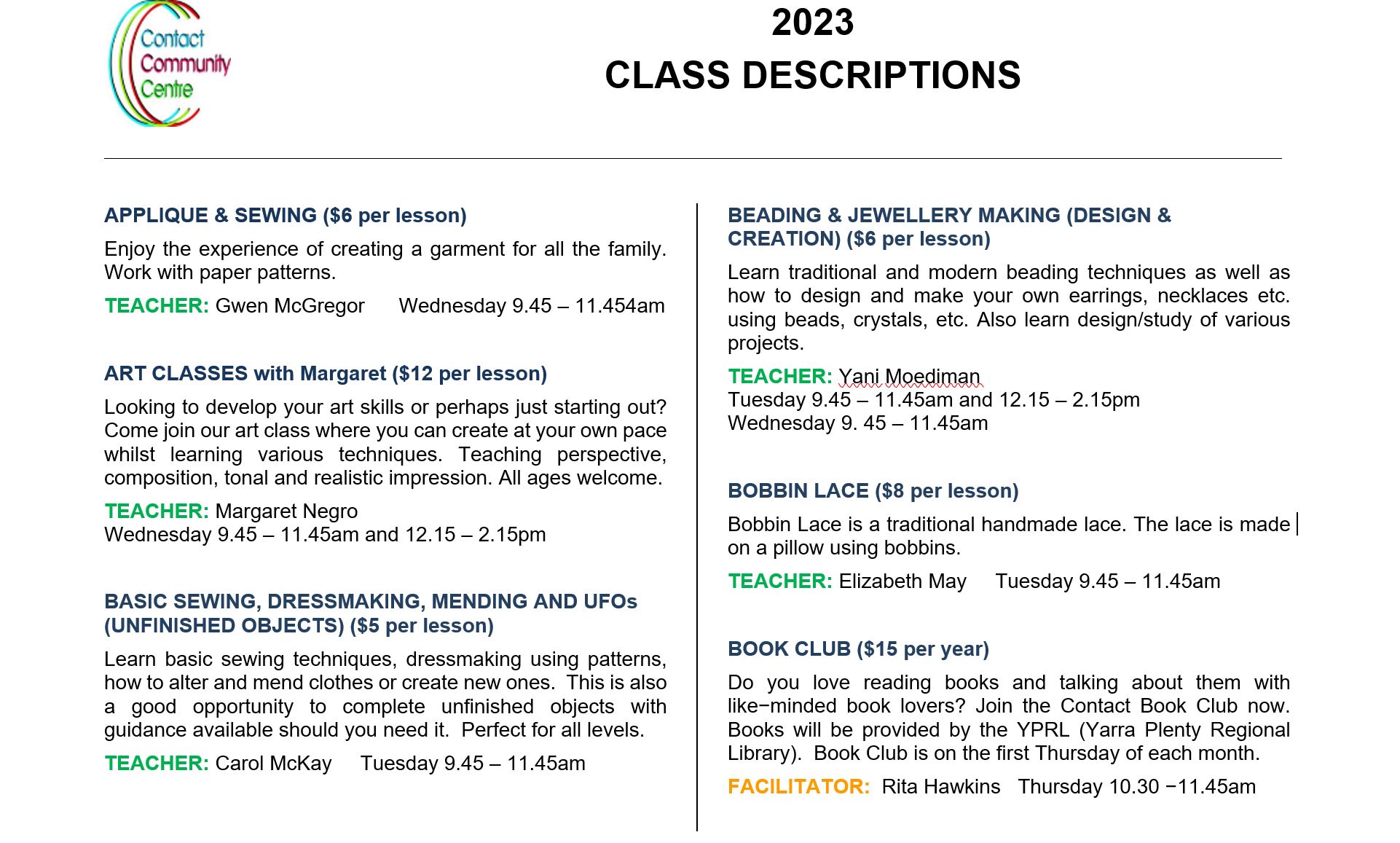 Class Descriptions - Contact Bundoora Community Centre